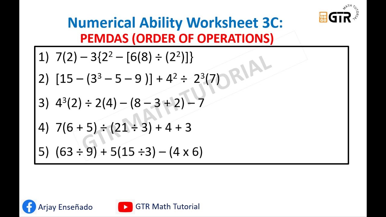 Order of Operations (PEMDAS) | Civil Service Exam Worksheet 3C - YouTube