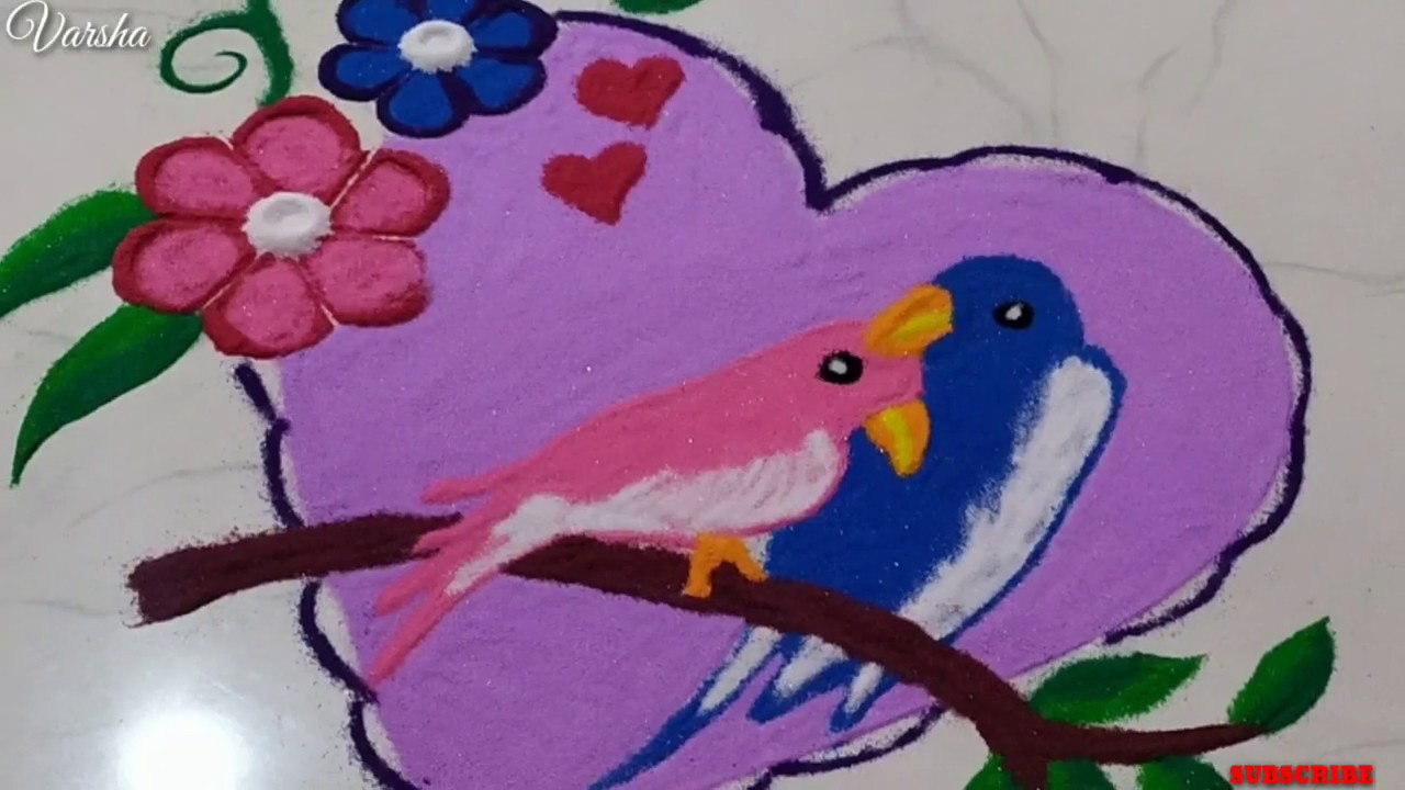 Love birds rangoli design/attractive rangoli design/love birds rangoli ...