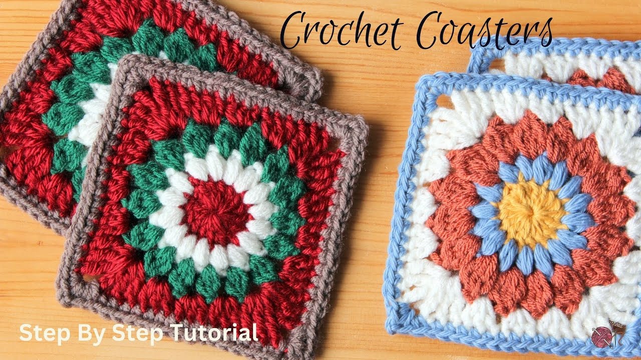 Sunburst Granny square Christmas Crochet coasters - step by step crochet tutorial - YouTube