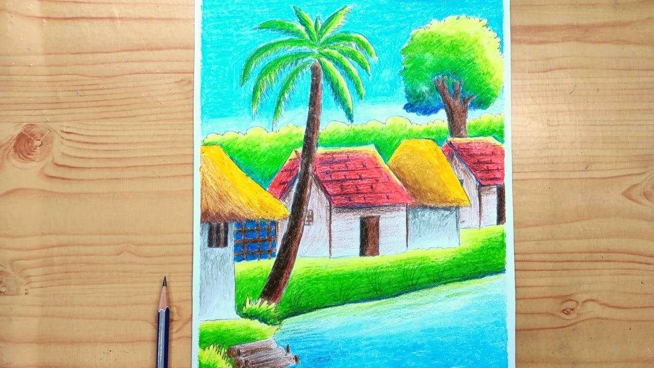 How to draw a village house scenery very easy/Oil pastels/step by step ...