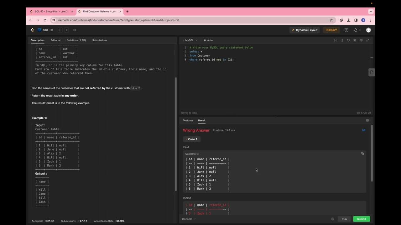 Leetcode Sql 50 584 Find Customer Referee Solution Youtube