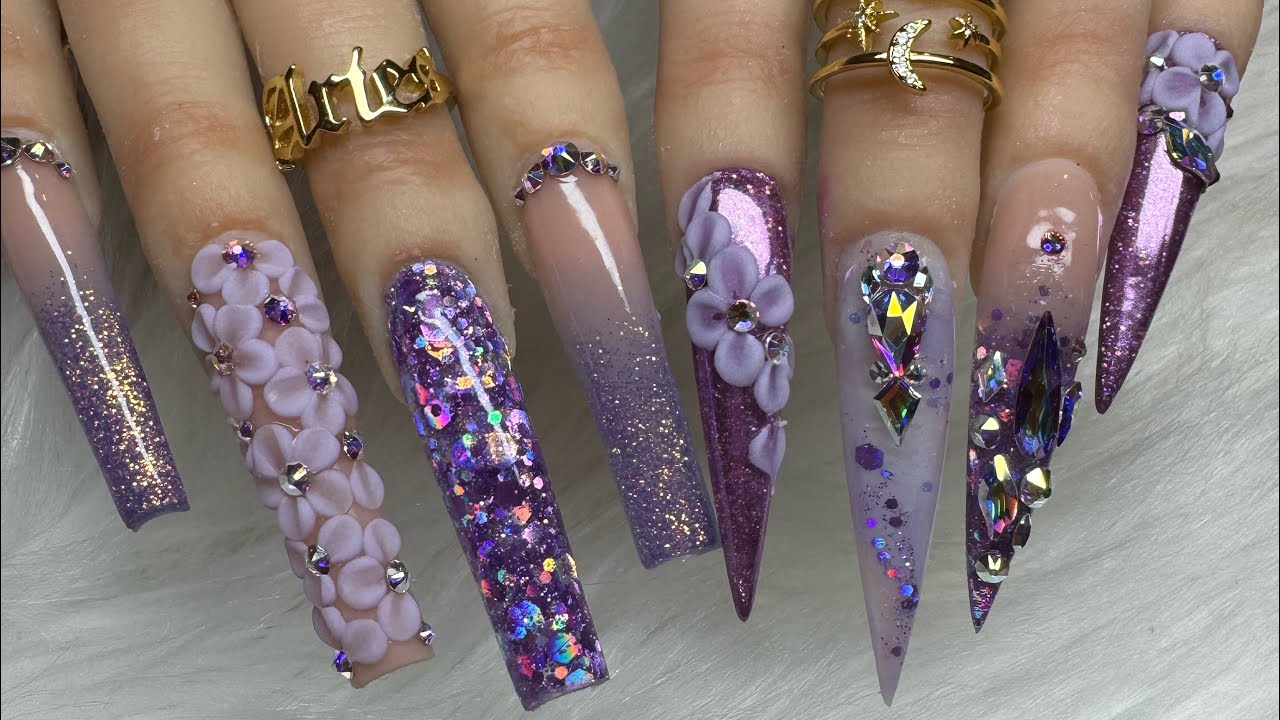 WATCH ME WORK: PURPLE FREESTYLE | 3D FLOWERS NAIL& CHROME | FULL ...