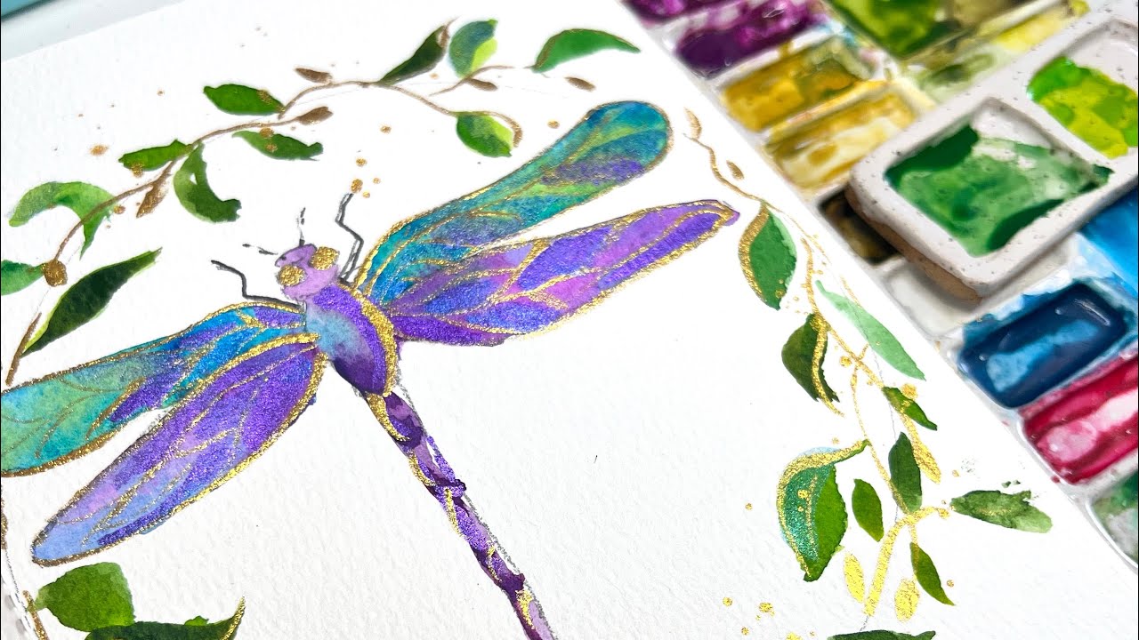 Watercolor Dragonfly with metallics, sparkle and POP. - YouTube