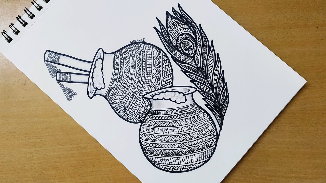 How to draw Mandala art of pots, flutes and peacock feather ...