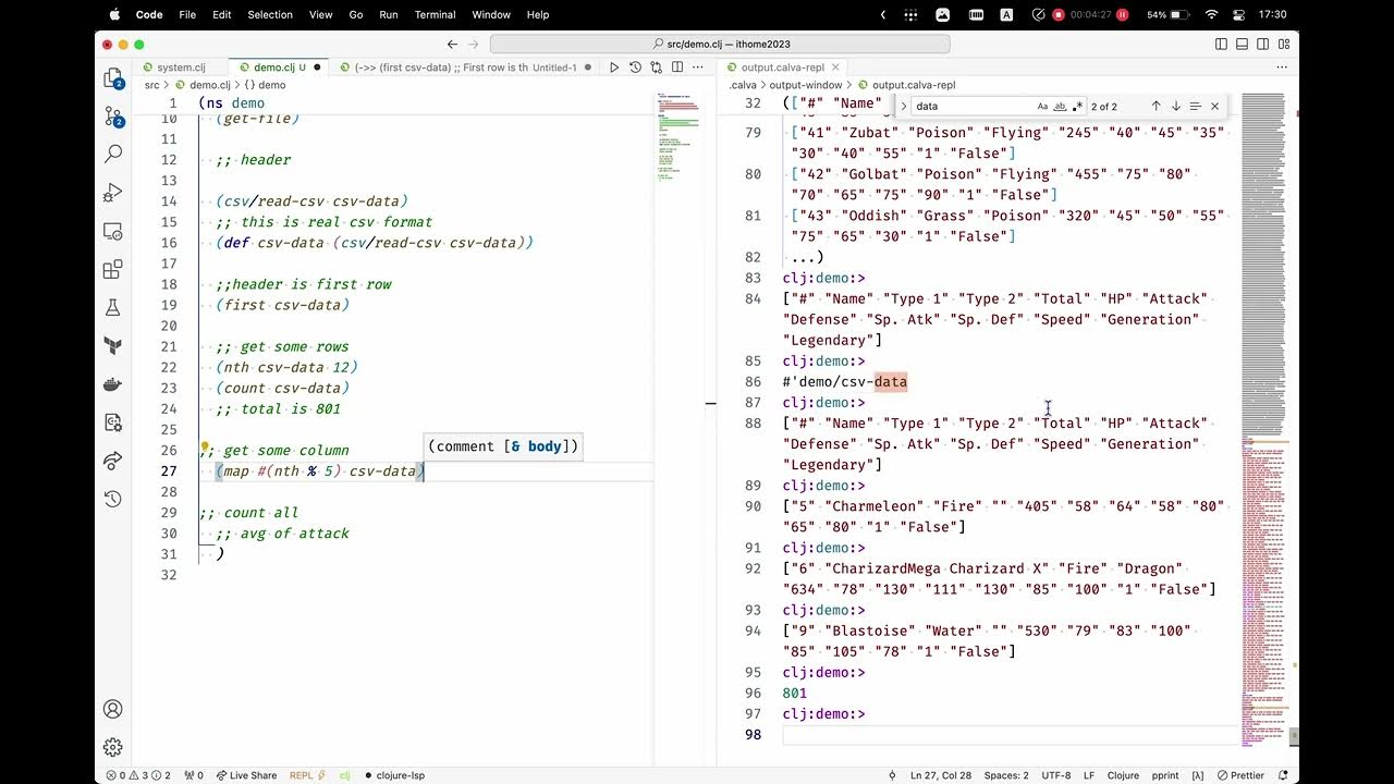 REPL: Clojure 處理 pokemon csv - YouTube
