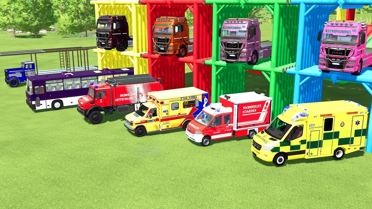 TRANSPORTING AMBULANCE, BUS, FIRE DEPARTEMENT, FIRE TRUCK TO GARAGE ...