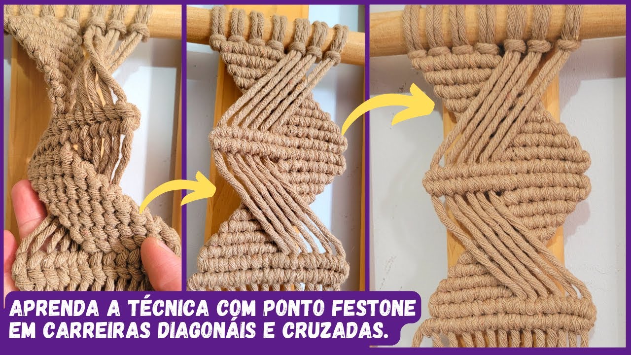 Macramê aprendizado: Aprenda fazer esta trama com festone diagonal e ...