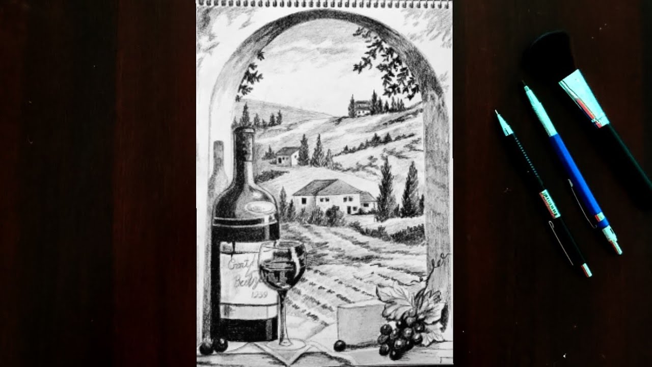How to Draw landscape with Wine and Vineyards //Drawing Tutorial for ...