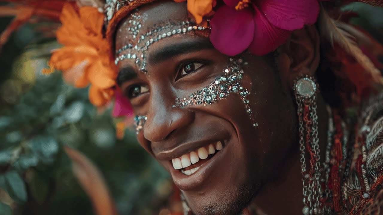 Joyful Latin Samba Celebration with Glittering Face Art and Vibrant ...