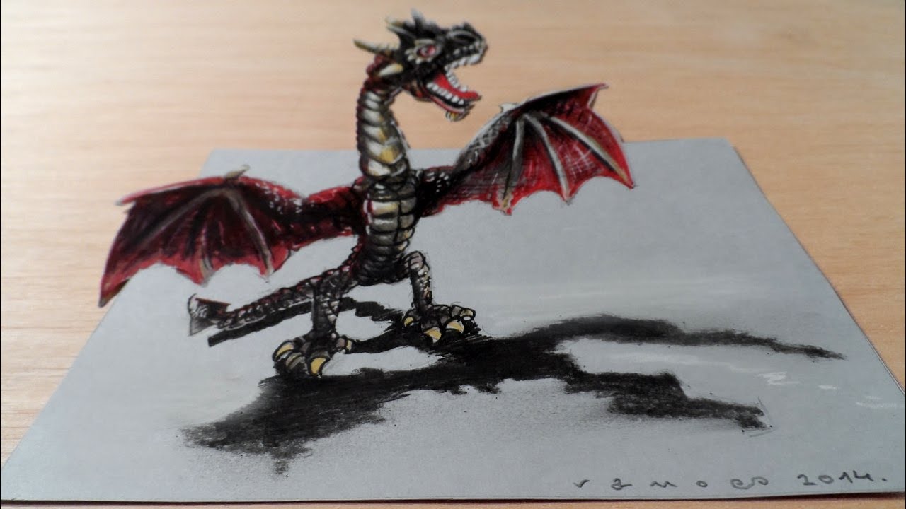 Drawing a 3D Red Dragon, Trick Art by Vamos - YouTube