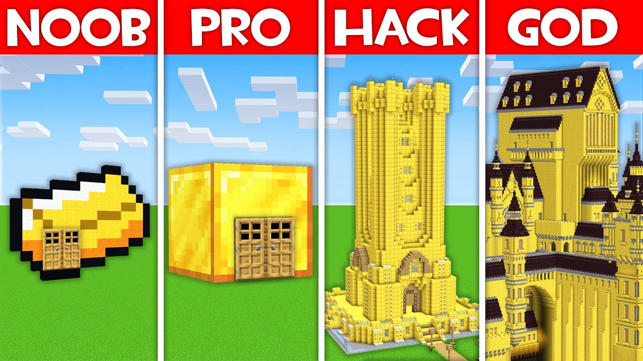 Minecraft Battle: GOLD HOUSE BUILD CHALLENGE - NOOB vs PRO vs HACKER vs ...