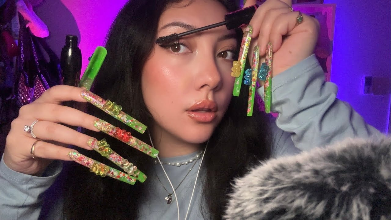 ASMR trying to do my makeup with 3 inch press on nails 💅 - YouTube