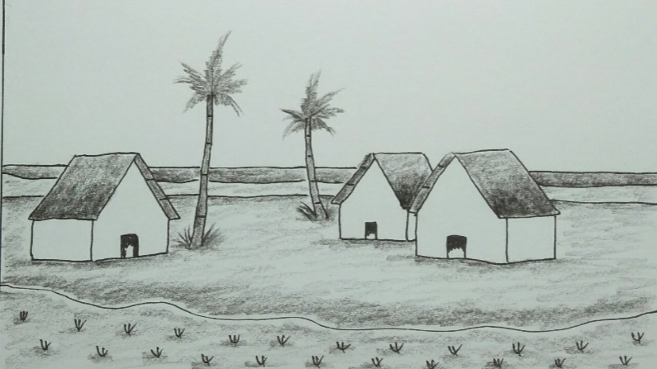 Cara menggambar pemandangan sawah dan rumah - Pencil drawing landscape ...