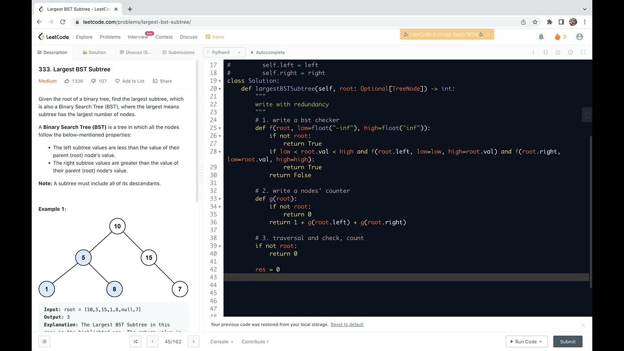 leetcode 333. Largest BST Subtree - Recursion with fine details and compact form - YouTube