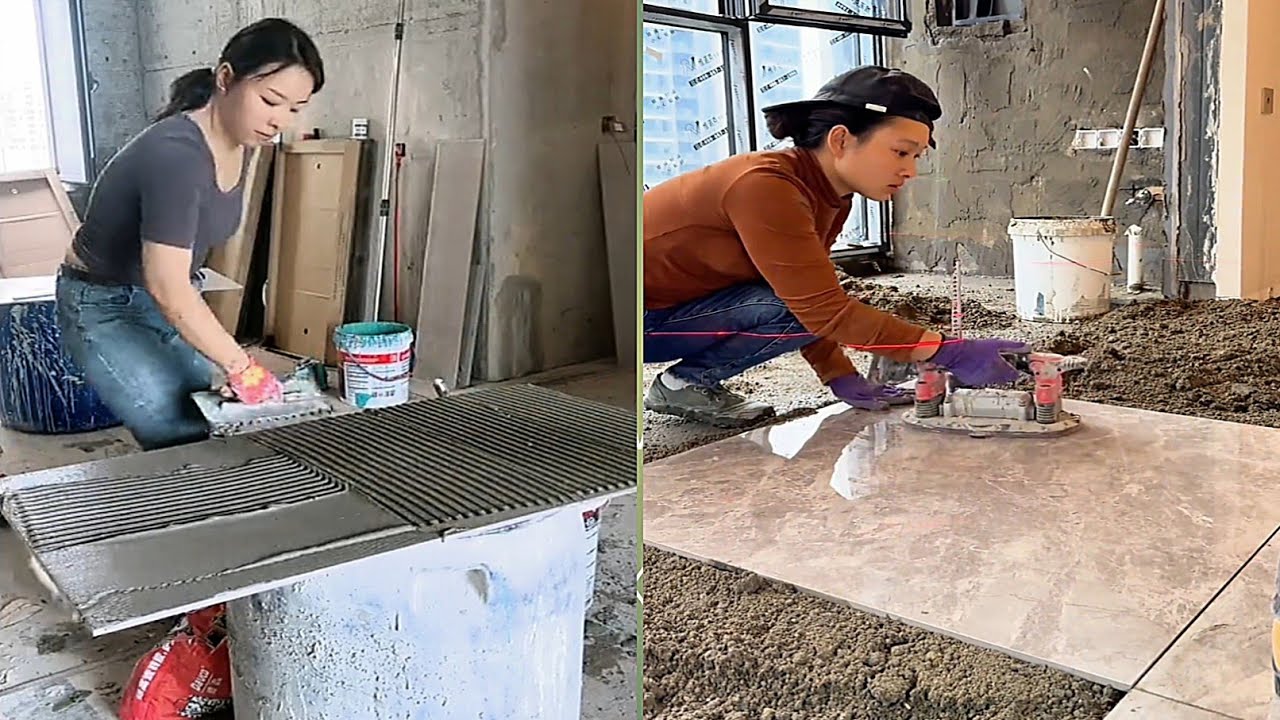 These Asian girls have no competition in tiling - YouTube