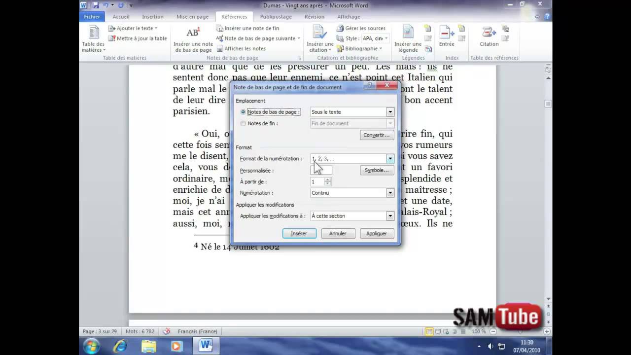 apprendre word 2010 - (41) Personnaliser les notes de bas de page - YouTube