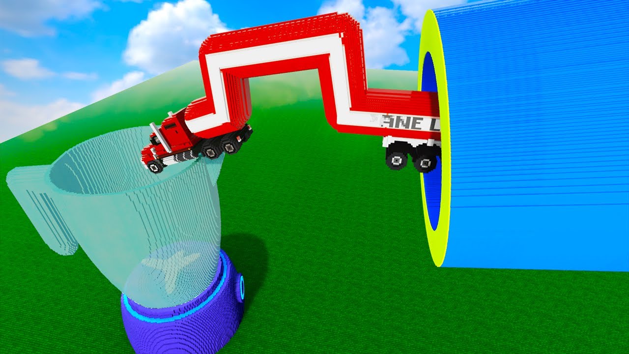 Cars Falling Through The Tunnel Into The Giant Blender | Teardown - YouTube