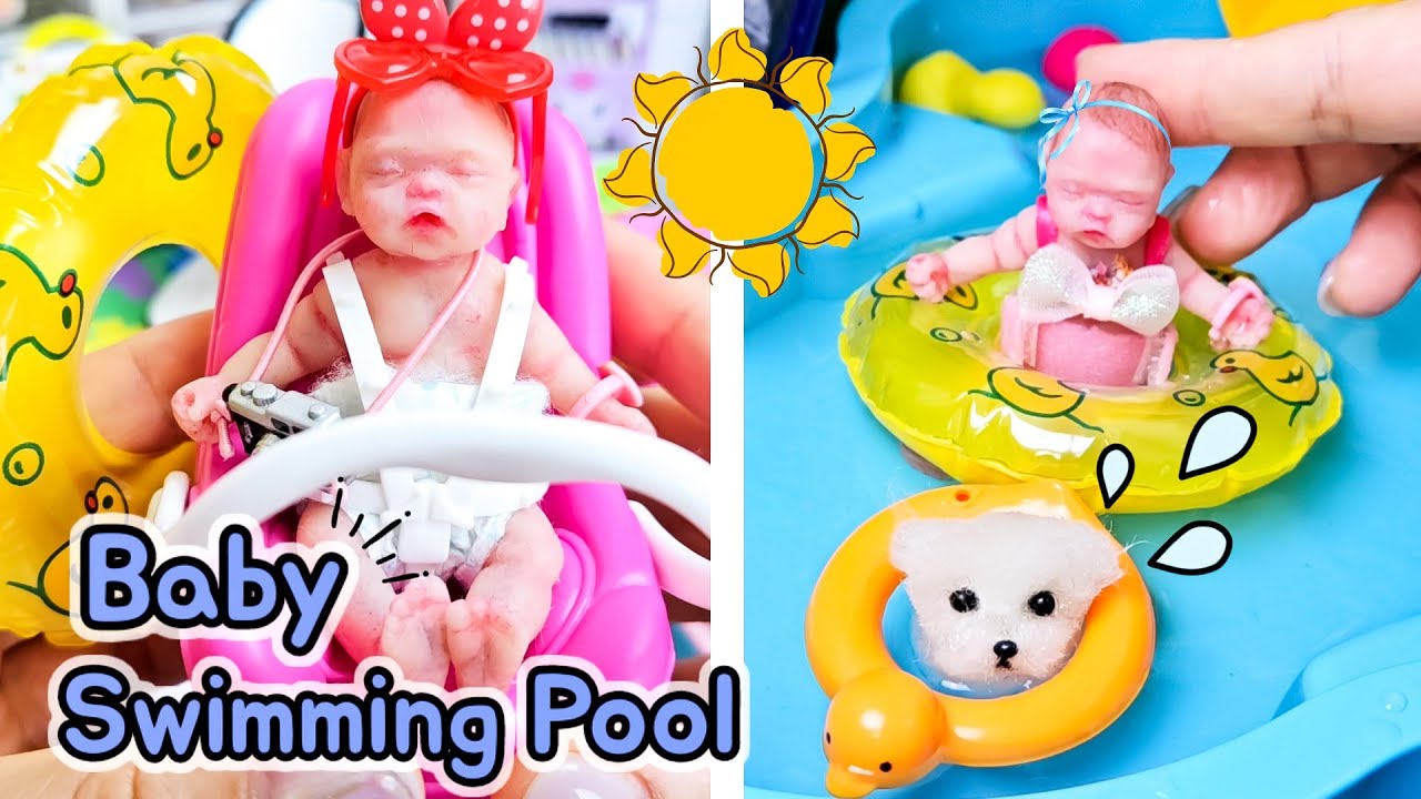 아기 수영장 왔어요!♡ 아기가 겁도없이 워터 슬라이드 타고 싶데요!😱 Mini Reborn Baby Doll Go to the ...