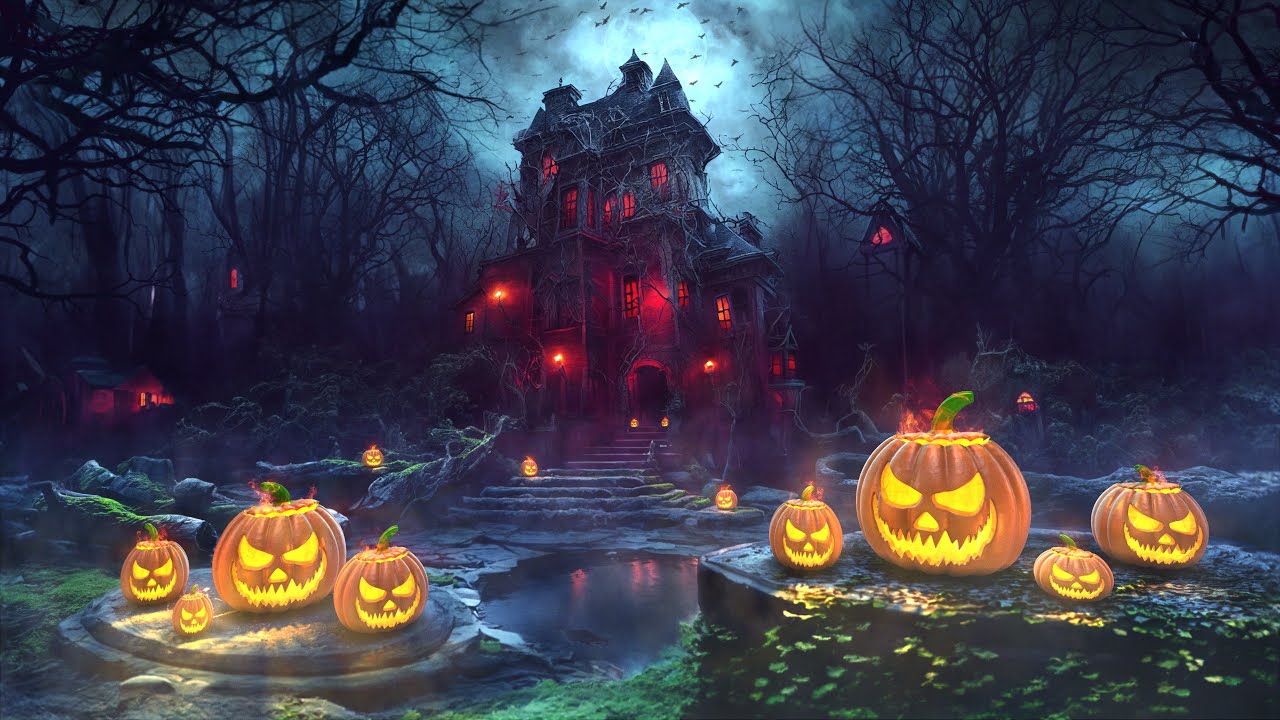 Scary Haunted House With Jack-O-Lanterns on Fire In a Creepy Forest ...