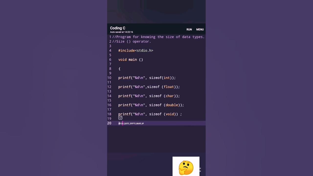 Program For Knowing The Size Of Data Types Size Operator In C Programming Coding Coder