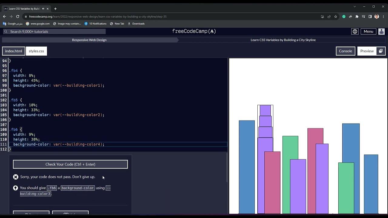 FreeCodeCamp Building a City Skyline project steps 30-40 - YouTube