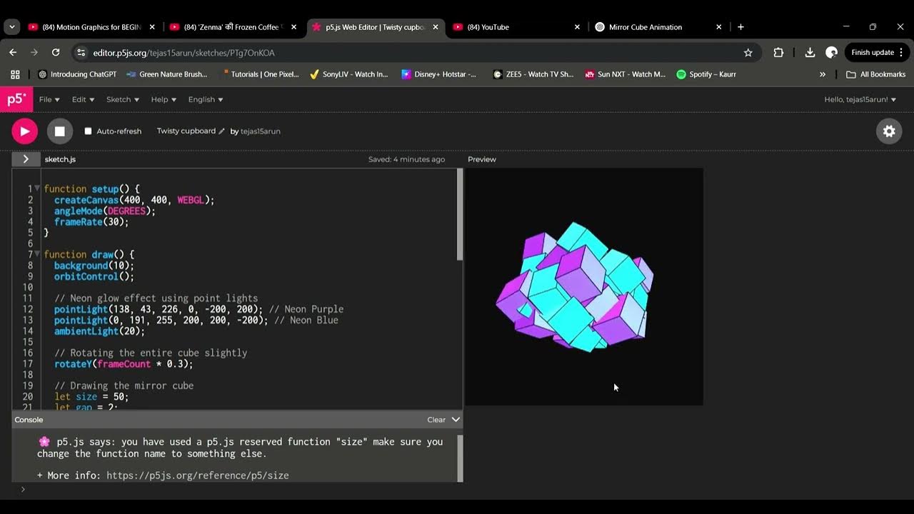 Infinity mirror cube using P5JS - YouTube