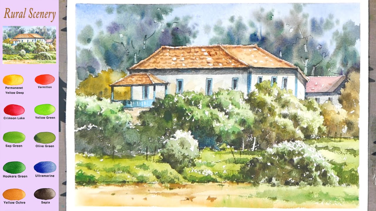 Basic Landscape Watercolor - Rural Scenery (sketch & color mixing ...