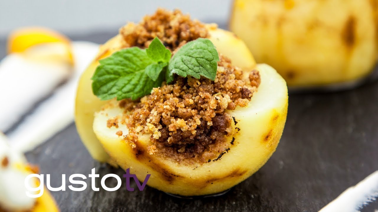 smoked pears with gingersnap stuffing | watt's on the grill - YouTube