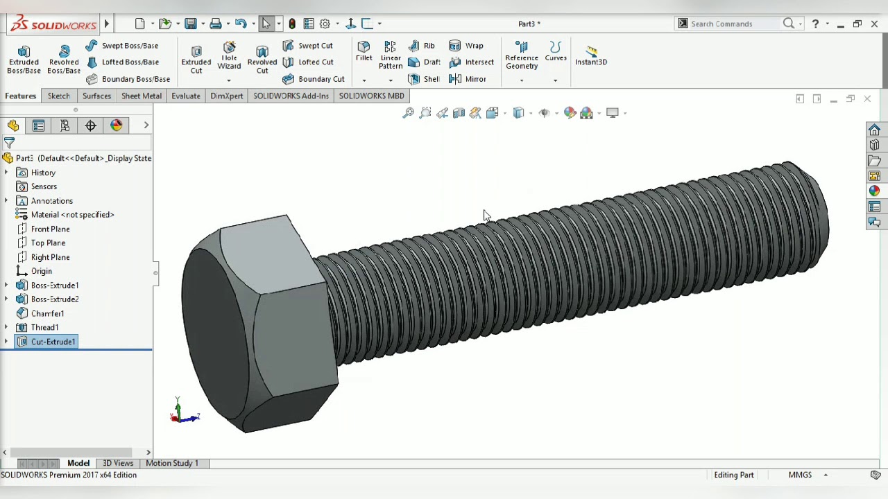 Solid work make nut and bolt thread hole wizard and assembly - YouTube
