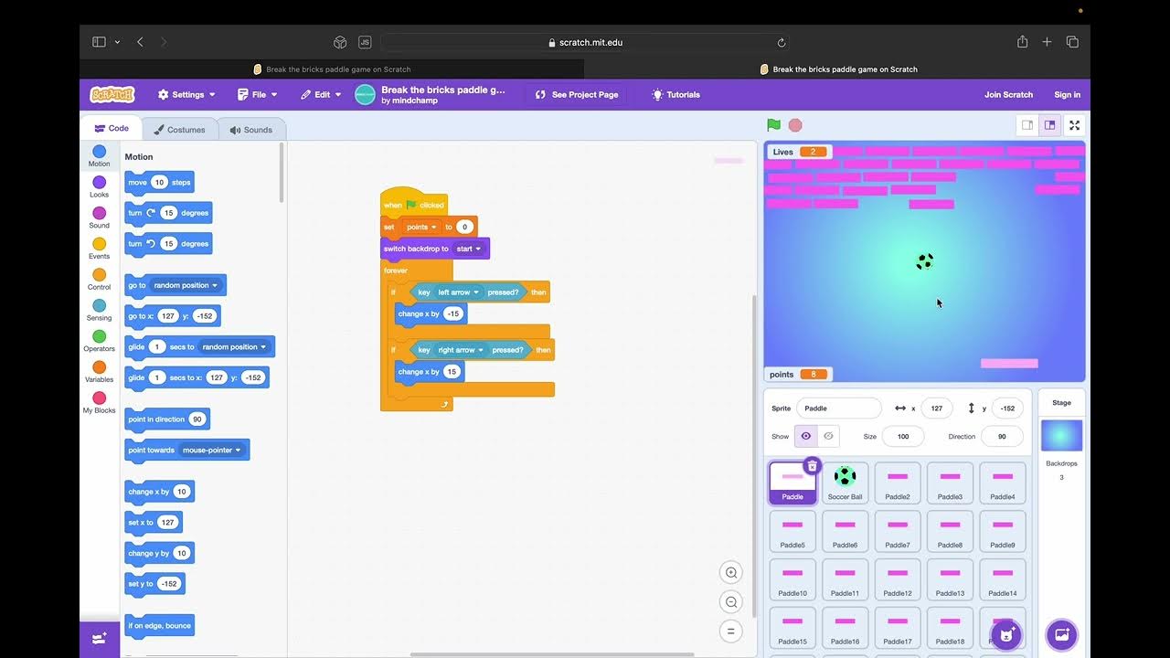 Tutorial for creating a "paddle game-break the bricks" game on scratch ...