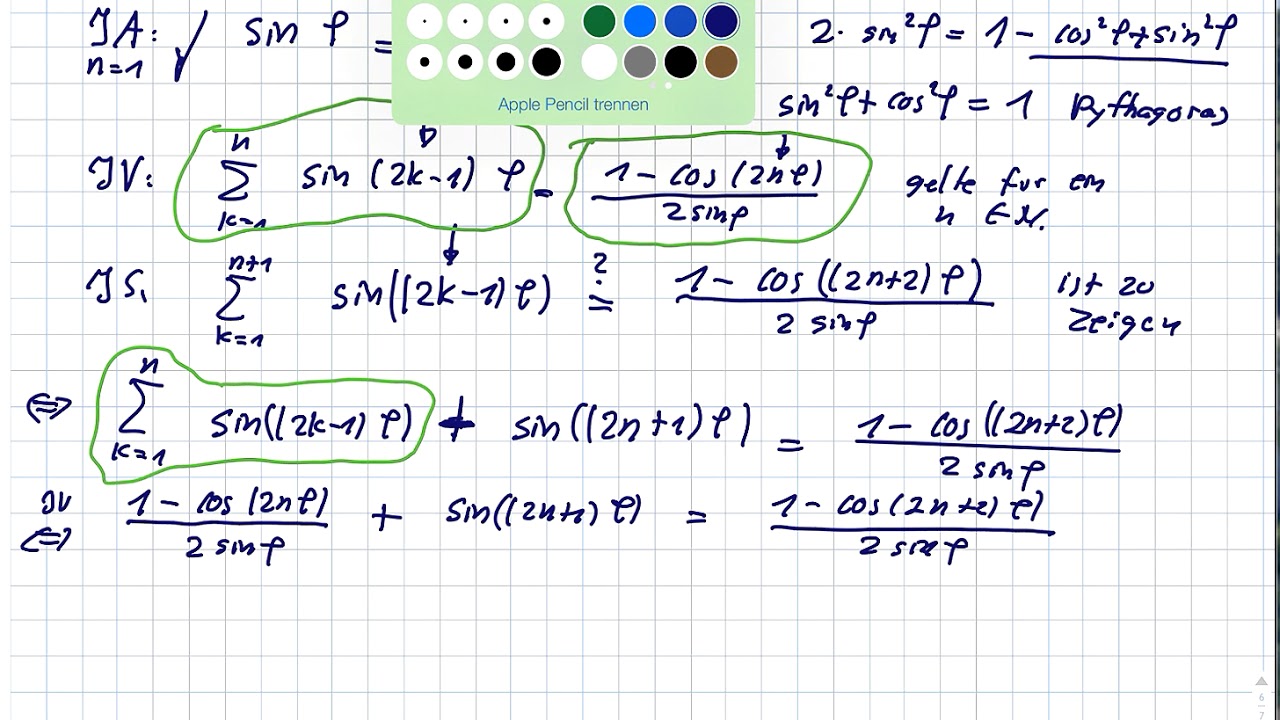 Zu zeigen: Reihe sin von 2k-1 mal phi = 1 - cos von 2 n Phi geteilt ...