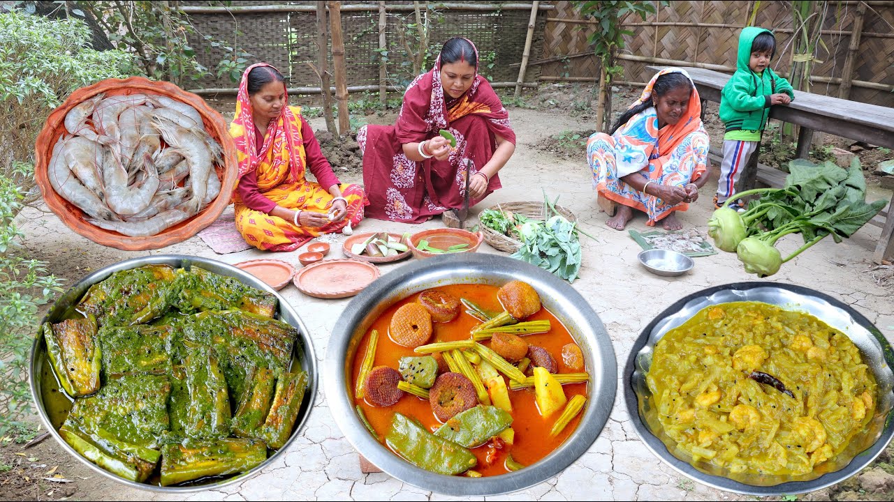 ধনীয়া বেগুন,ওলকপি চিংড়ির ঘন্ট ও সিম ডাঁটা বড়ি তরকারি,Dhania begun,ol ...