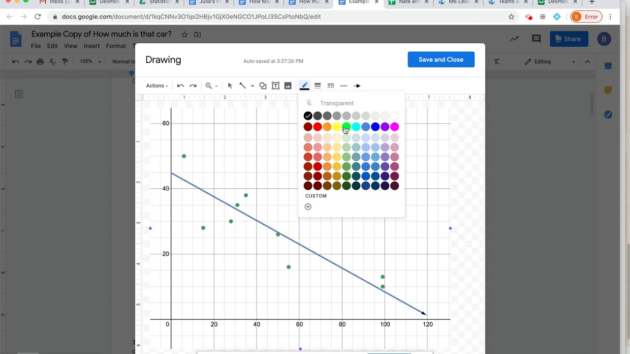 Line of best fit and slope triangle on google draw - YouTube