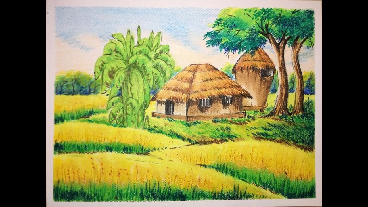 How to draw scenery | village landscape step by step | Paddy field ...