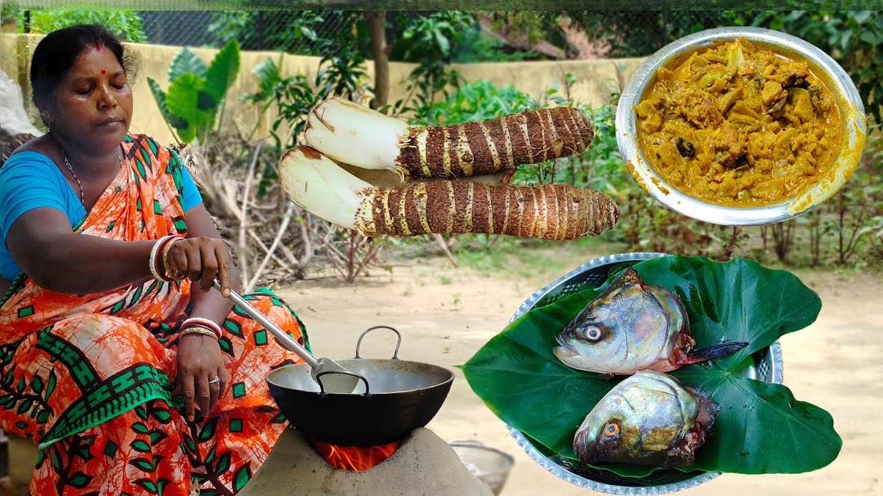 How to prepare water Root of giant taro in village style // jol kochu ...