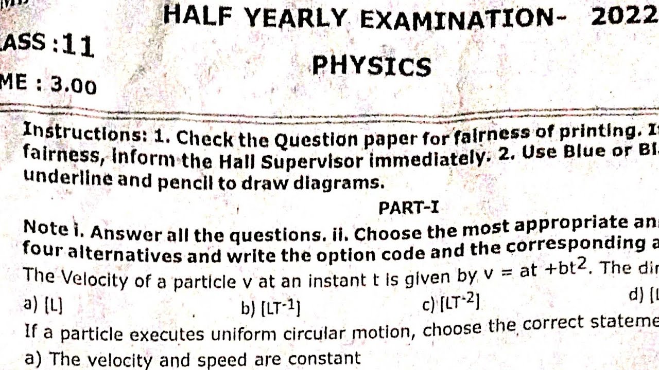 11th physics half yearly question paper 2022 - YouTube