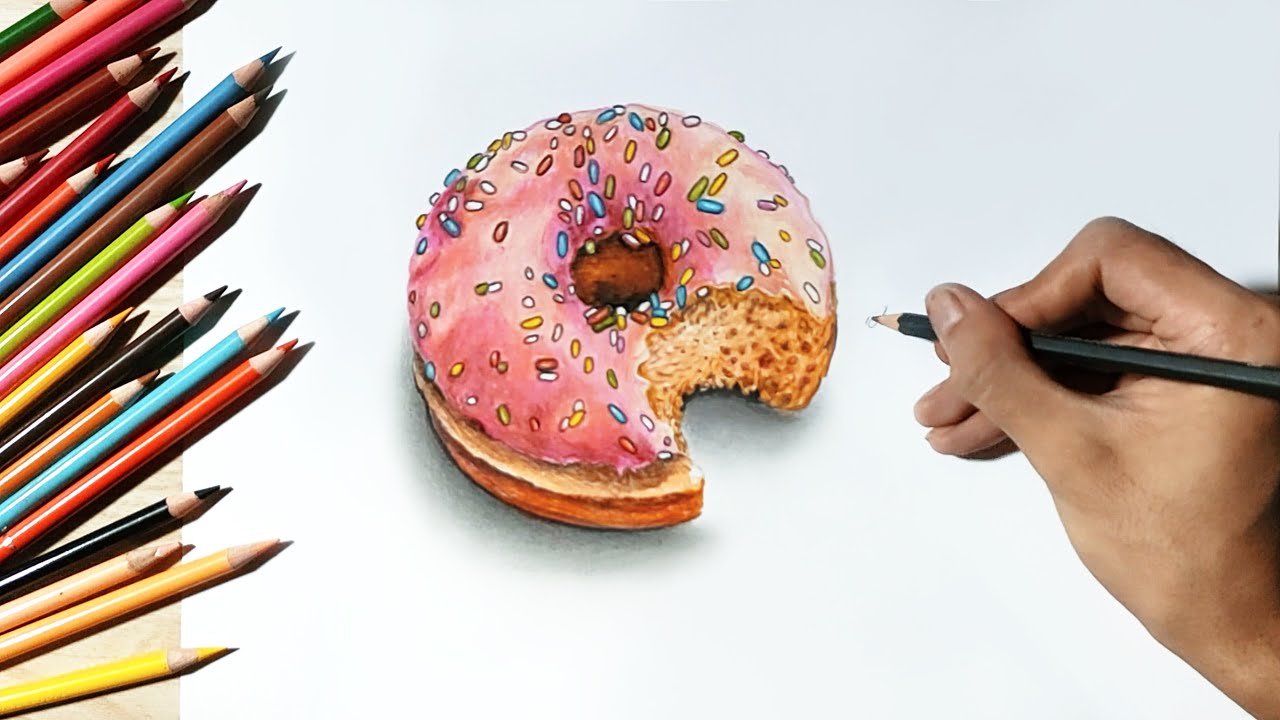Cara menggambar 3d realis Donat dengan pensil warna - YouTube