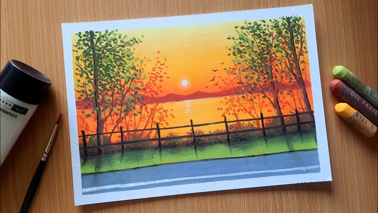 Oil Pastel Nature Landscape Drawing for Beginners / SUNSET OVER LAKE ...
