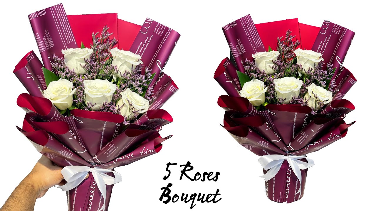 5 Roses Flower Bouquet | White Rose Flower Bouquet | How To Make Flower ...