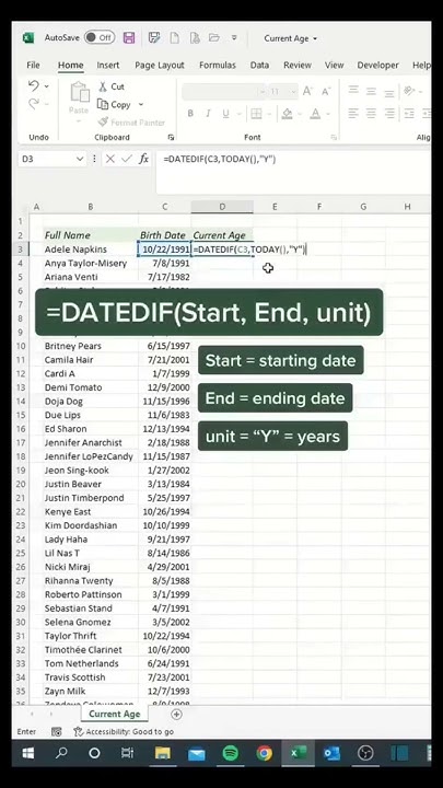 Excel Tips and Tricks - How to use DATEDIF function to find Age from Given Date of Birth in ...