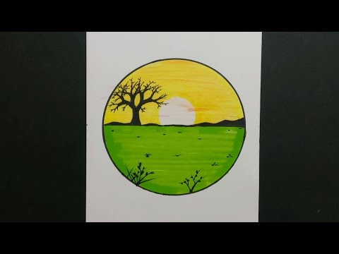 how to draw sunrise landscape ( easy landscape drawing) - YouTube