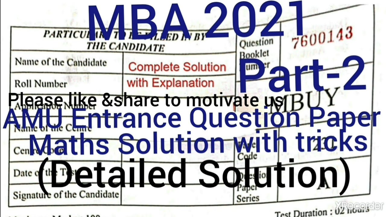 MBA/MSW(AMU) Entrance Exam Solved Question Paper 2021||Part-2||Maths ...