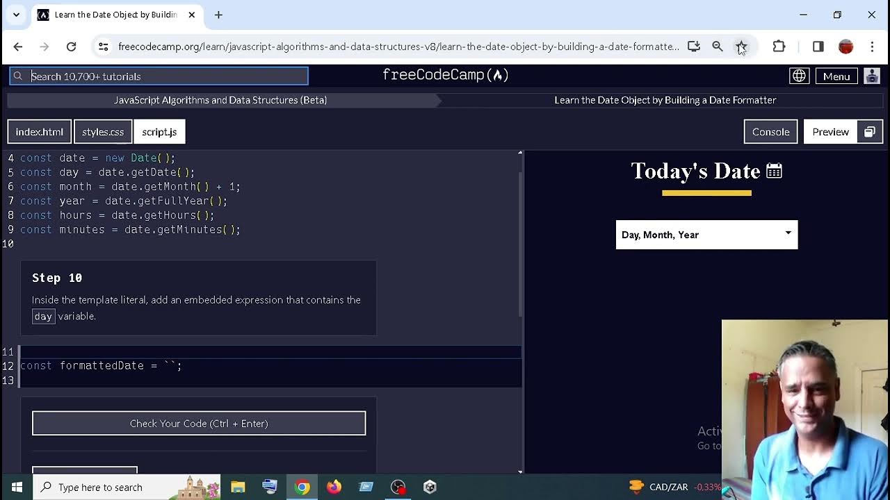 Learn the Date Object by Building a Date Formatter step 10. freecodecamp - YouTube