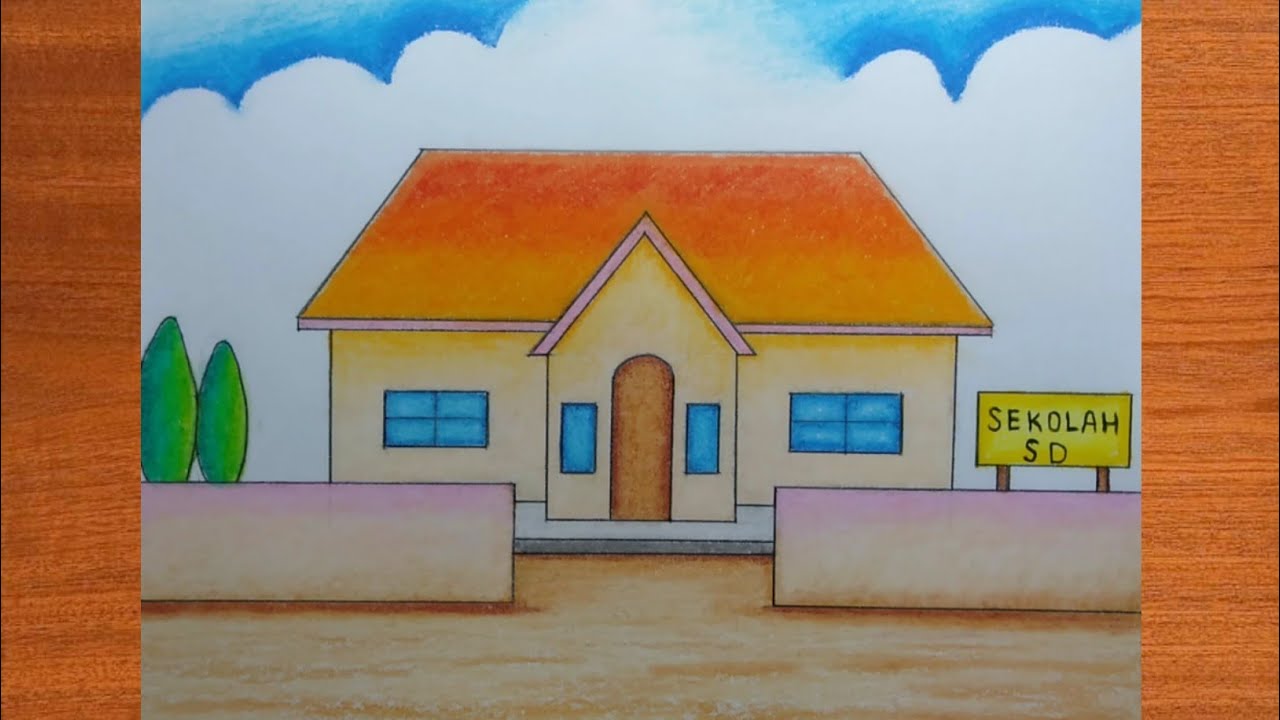 Cara menggambar sekolah SD yang mudah || How to draw elementary school ...