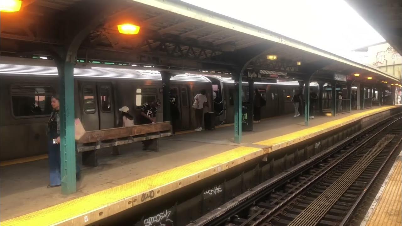 Manhattan bound R160A (M) train entering and leaving Myrtle Avenue–Broadway, in Brooklyn. - YouTube