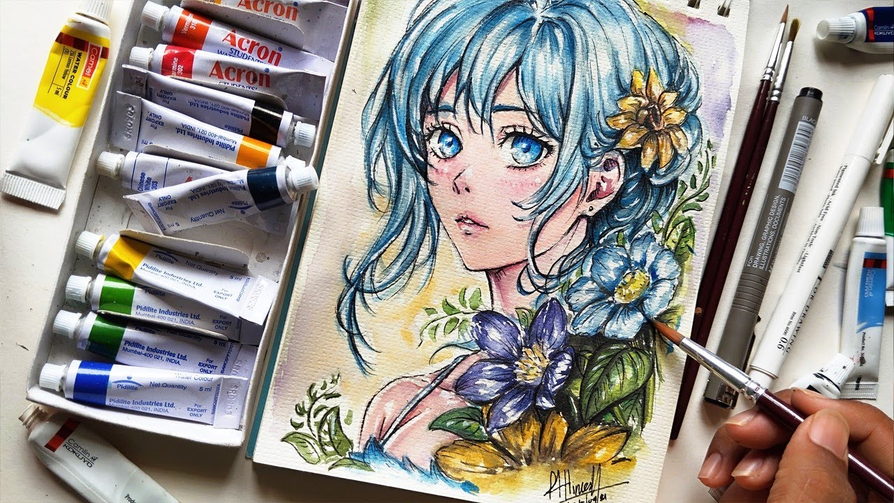 Watercolor Pencil Drawing Girl