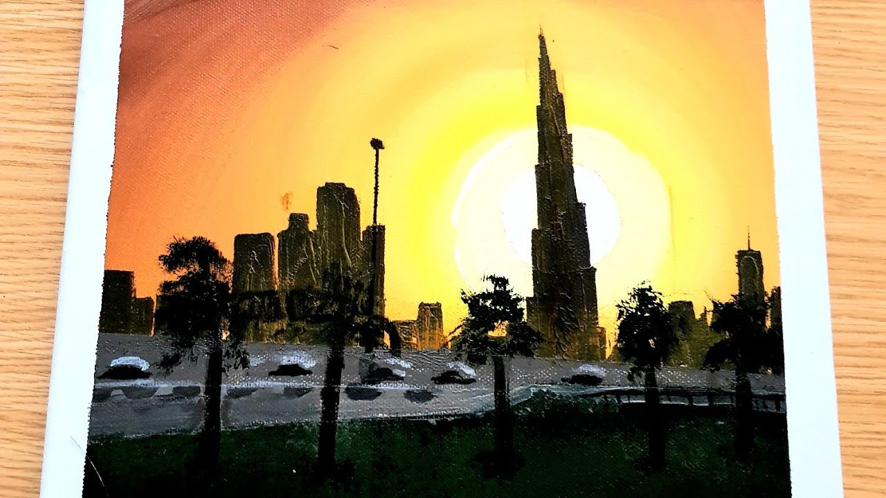 Sunset at the tallest building in the world acrylic painting. - YouTube