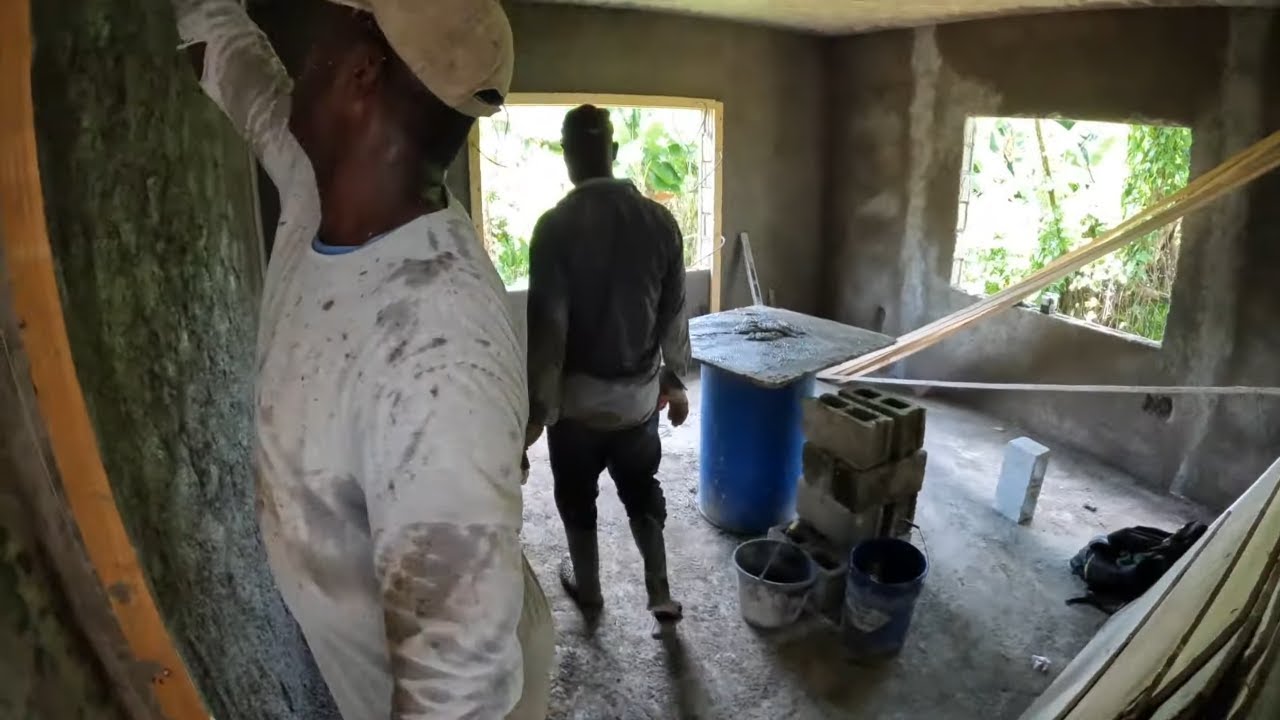 BUILDING OUR DREAM HOUSE IN JAMAICA | FINISH ROUGHCASTING THE CEILING + KNOCKING DOWN THE WINDOW ...
