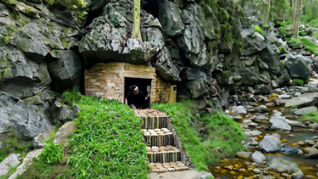 He built a perfect shelter to live under a giant rock crack. - YouTube