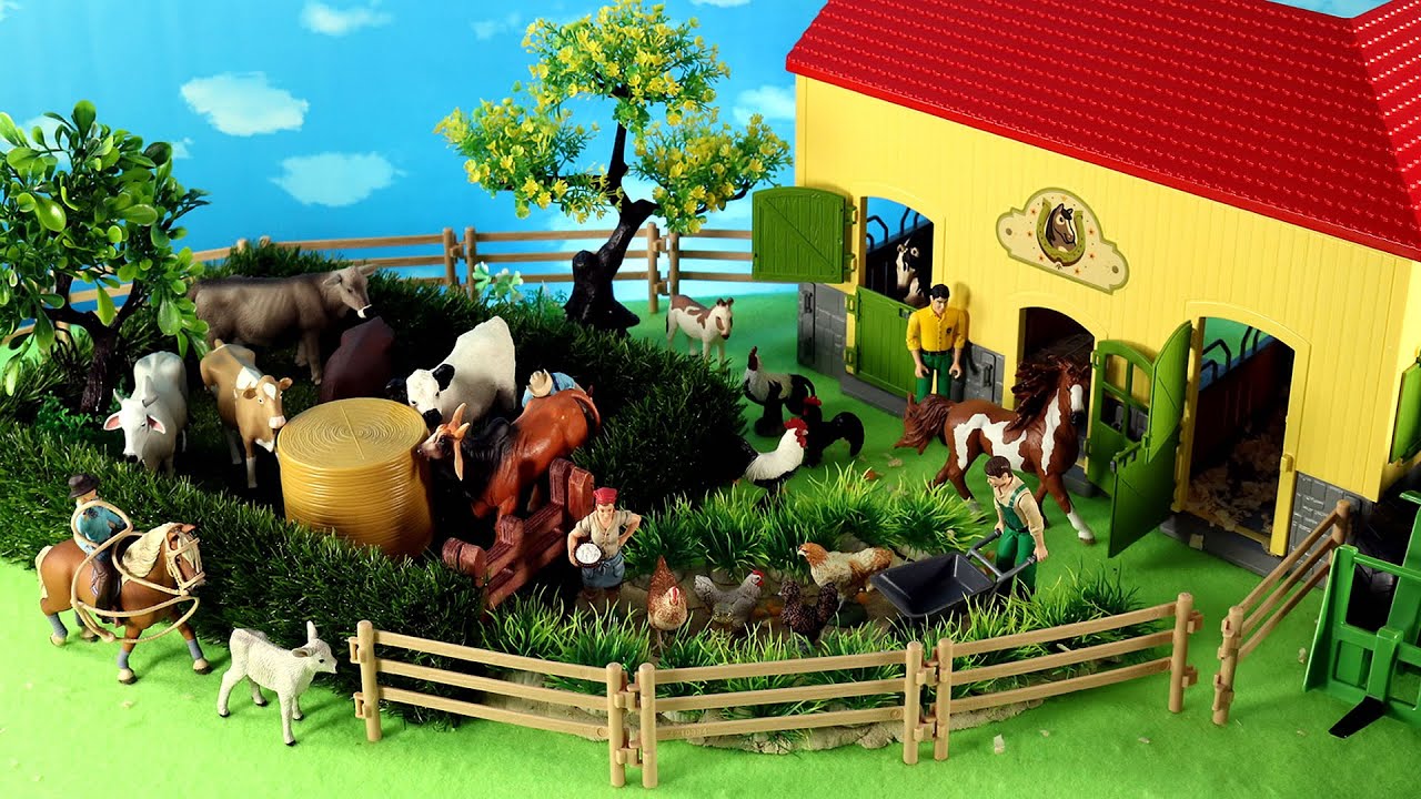 Fun Barn with Horses Cattle Chickens Animal Figurines - Let's Make a ...